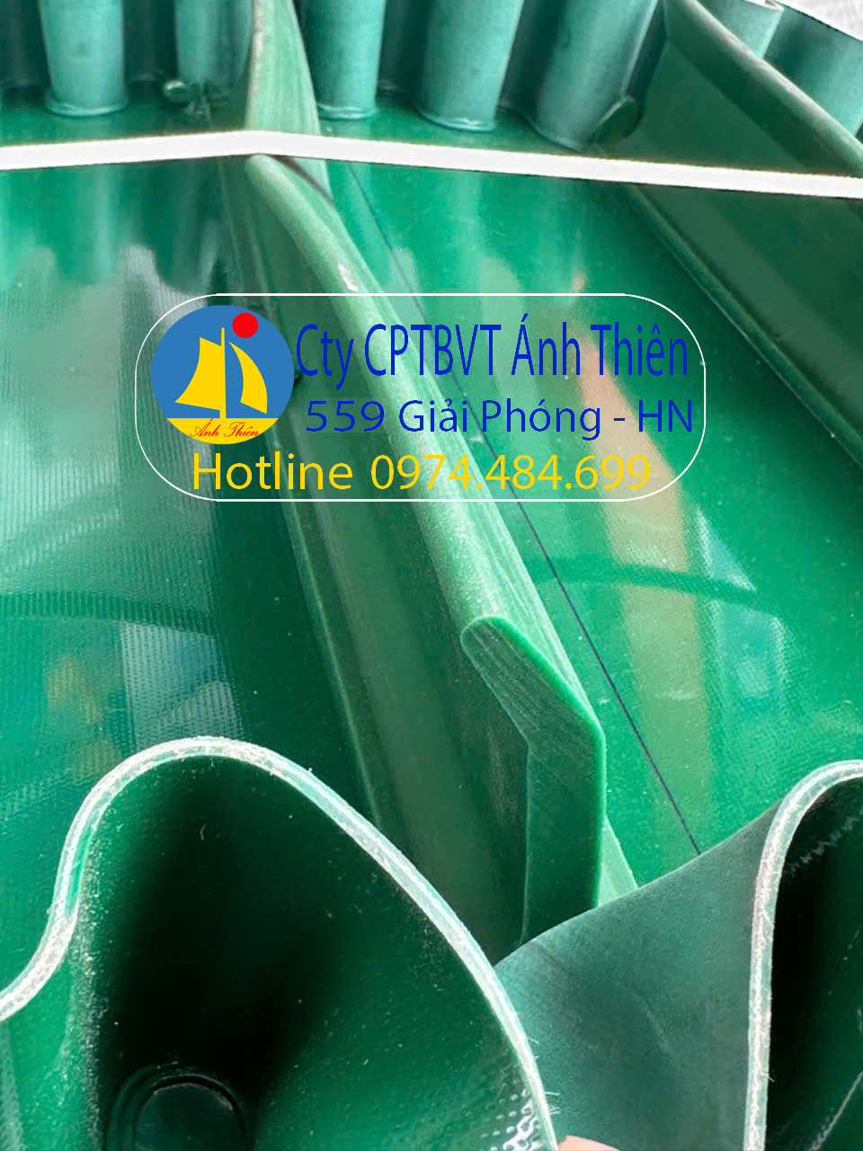 Băng tải PVC xanh trơn 4mm, dán bèo 2 bên , có gân T vát tải Chè